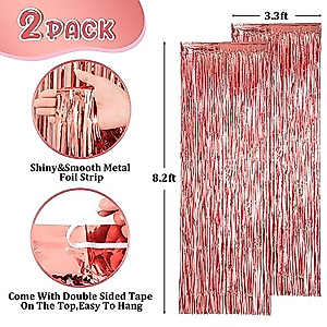 Kipommic 3 Pack Foil Fringe Backdrop Curtains - Rose Gold Tinsel Streamers for Birthday, Graduation Baby Shower Gender Reveal Disco Bachelorette Party Decorations
