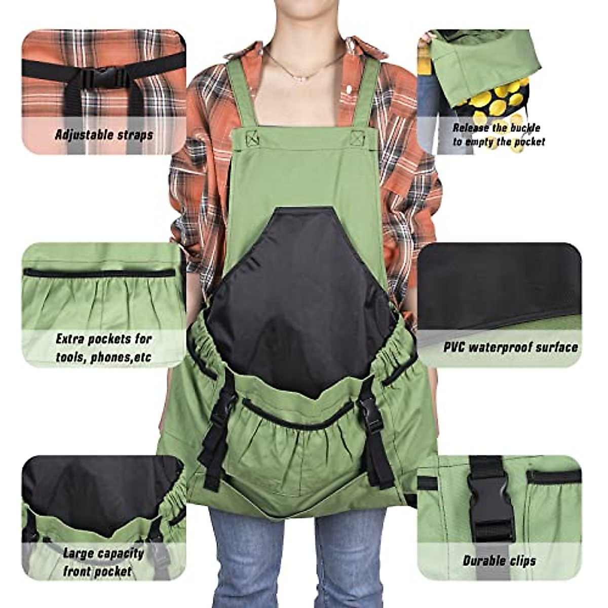 Gardening Apron, Garden Apron with Pocket for Harvesting Gardening Weeding, 100% Cotton Canvas Water Resistant Apron with Quick Release Pocket for Men&Women, Perfect Gardening Gift(Green)