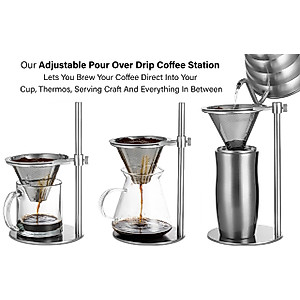 Gourmia GVD9320 Pour Over Stand Coffee Station - Freestanding Drip Coffee Stand with Reusable Stainless Steel Cone Filter - Make Coffee Directly into Mug, Cup or Thermos - Stainless Steel