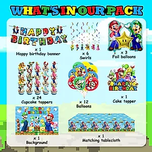 117Pcs Birthday Party Supplies - Birthday Decorations Kit for Boys Kids Including Balloons, Banner, Tableware, Swirls, Tablecloth, Plates, Cutlery, Forks, Spoons, Knife & Napkins (Buy This)