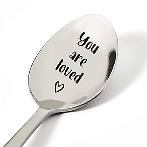 TyM You Are Loved Engraved Stainless Steel, Inspirational Motivational Coffee Tea Spoon Gift for Men Women Friends Birthday Christmas Gifts, Silver, 7 inches