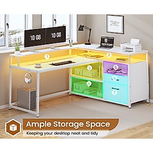 SEDETA White Computer Desk with Drawers, 55" Home Office Desk with File Drawer and Storage Shelves, L Shaped Gaming Desk with LED Lights and Monitor Shelf