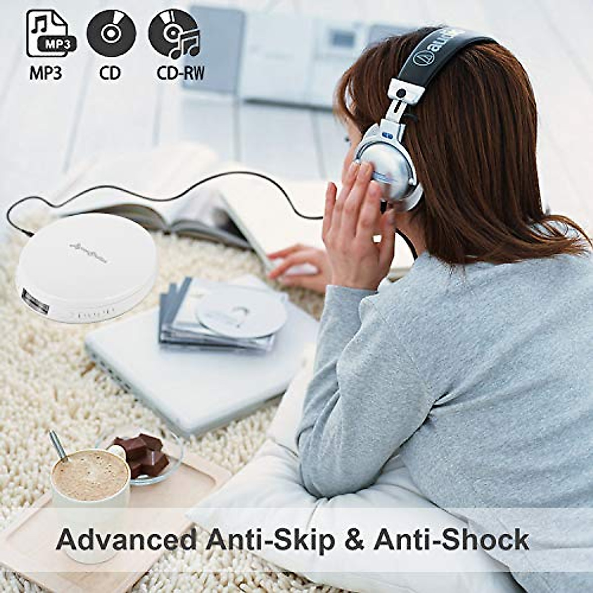 ByronStatics Portable CD Player, Personal Compact Disc Player with Anti-Skip/Anti-Shock, Headphone Jack & Large LCD Display for Car Use and Home Travel, not Rechargeable, Use AA Batteries White