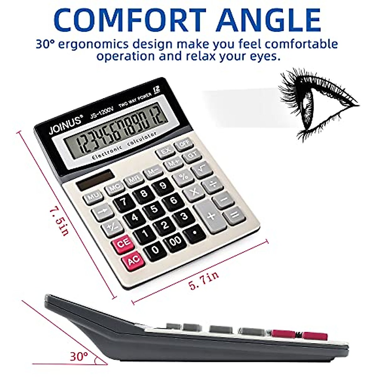 Calculator, Standard Function Desktop Calculator with 12-Digit Large LCD Display and Big Sensitive Computer Keys, Solar Battery Dual Power Calculator，Easy to use Basic Calculator