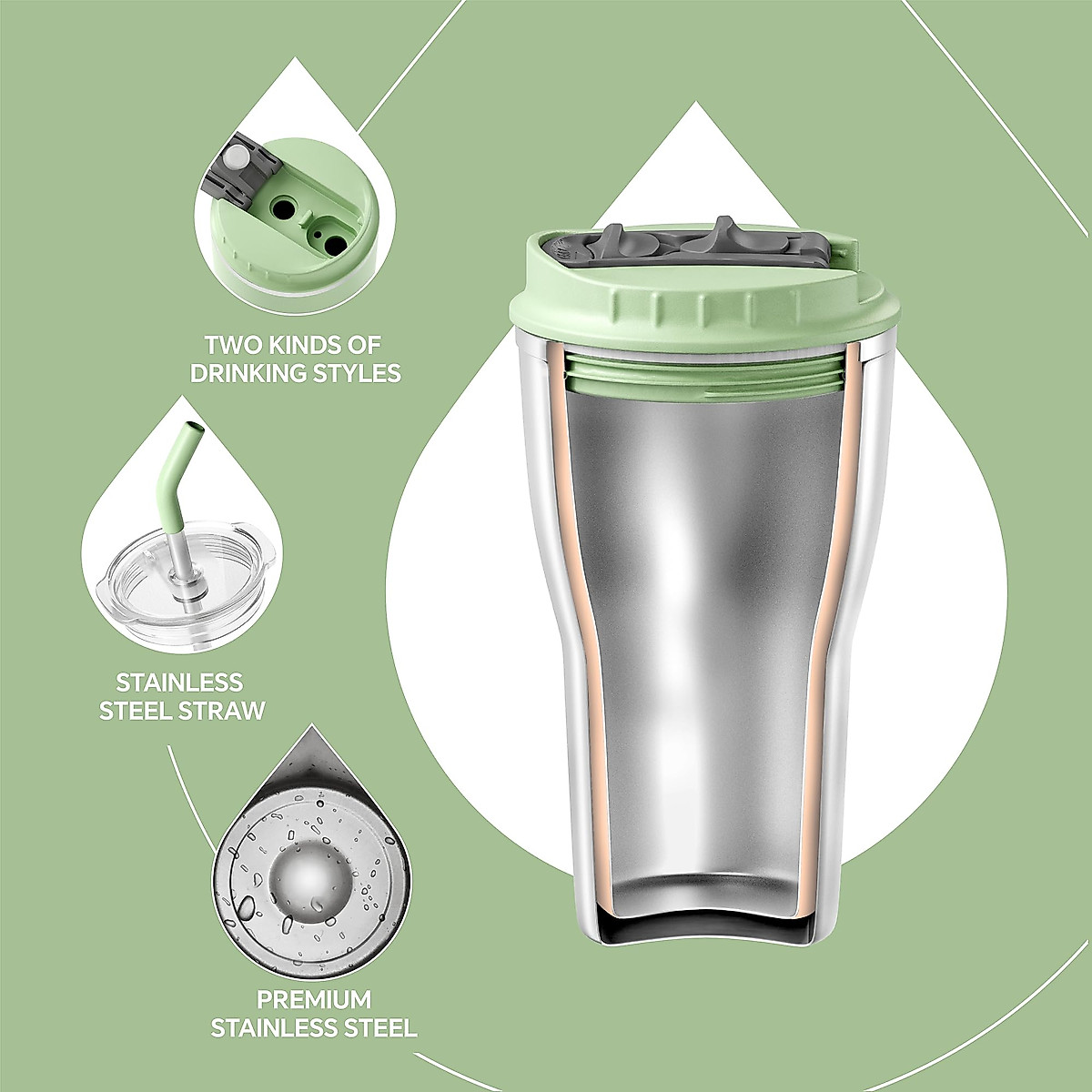 Ideus 14oz Stainless Steel Leak Proof Tumbler, Insulated Coffee Mug with Lid and Straw, Spill Proof Travel Coffee Cup, Double Wall Vacuum Flask for Adult Men and Women, Avocado Green