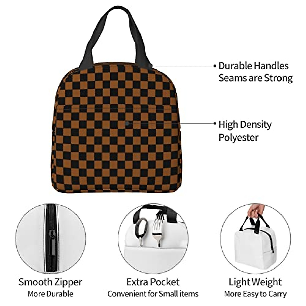 ayvcxui Brown and Black Plaid Race Checkered Flag Lunch Tote Reusable Lunch Bag Insulated Lunch Box for Students Work Outdoor Travel PicnicThermal Portable Bento Box Handbags Tote