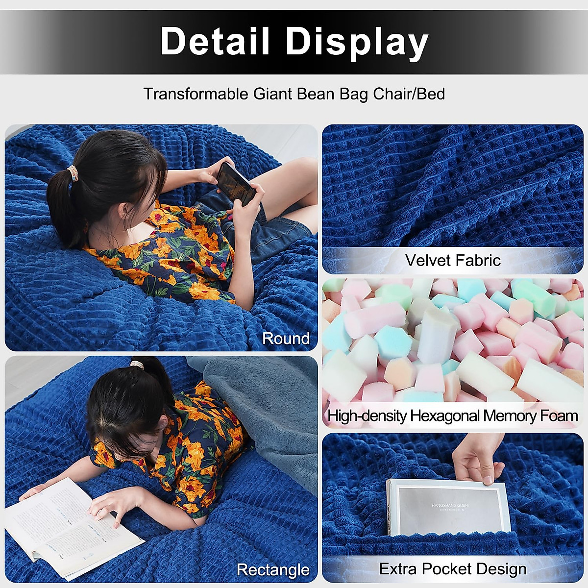 N&V Bean Bag Chair/Bed Transformable Giant with Washable Plush Velvet (Blue, Full)