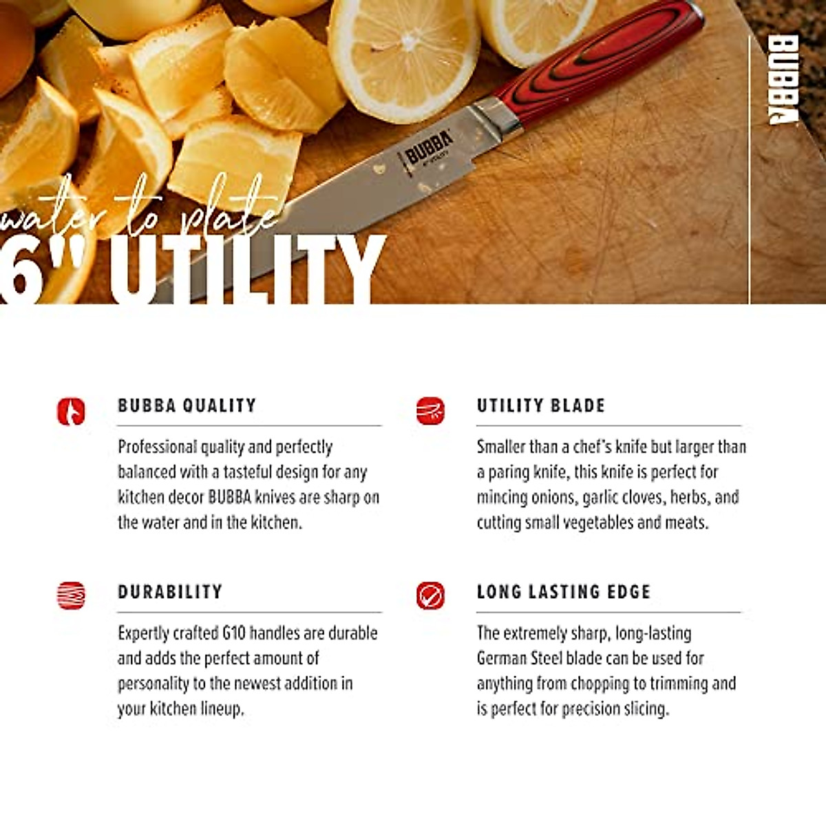 BUBBA Kitchen Series 6" Utility Knife perfect for mincing, and cutting through small vegetables, meats and herbs.