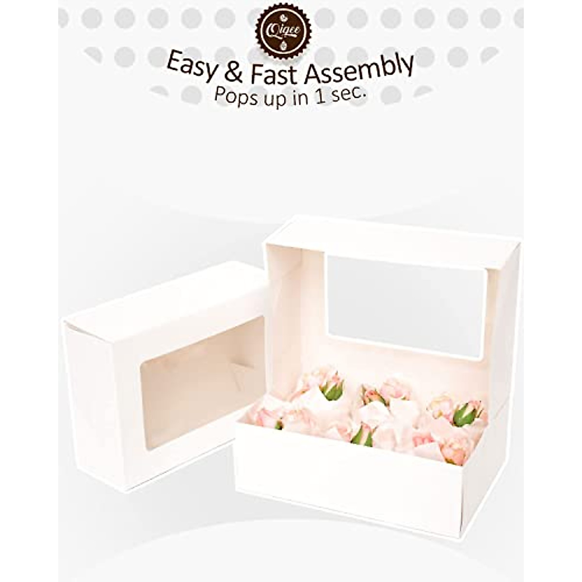 qiqee White 6 Cupcake Boxes with Window Auto-pop up 30 Packs Cupcake Box 9"x6.1"x3.3" Bakery Boxes For Cupcakes Carrier, Cupcake Containers