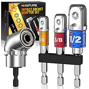 Impact Drill Socket Adapter Set - 3 PCS Sockets Extension Driver Bit Set 1/4" 3/8" 1/2" Hex Nut Wrench Holder Kit & 105 Right Angle Drill Attachment Screwdriver Power Hand Gadgets Tools Gifts for Men