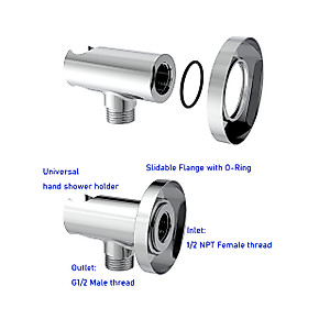 Aquaiaw Wall Supply Elbow with O-Ring Flange, Tapered 1/2 NPT Female Inlet, Solid Brass Wall Union W/Handshower Holder, Round Wall Supply Elbow W/Hand Shower bracket, Polished Chrome, G1/2 Outlet