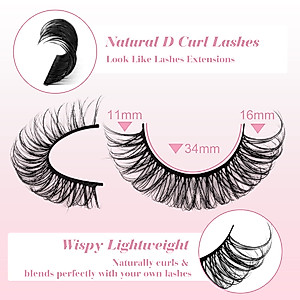 Newcally Russian Strip Lashes Mink Wispy Natural Look False Eyelashes Pack Manga Lashes D Curl Fluffy Volume Faux Mink Lashes Cat Eye Lashes Look Like Lashes Extension 14 Pairs