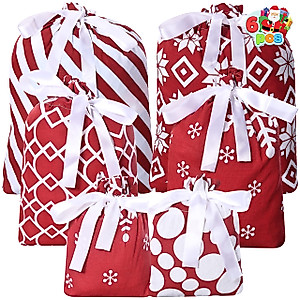 JOYIN 6 PCS Red Christmas Fabric Gift Bags with 5 Designs Xmas Cotton Fabric Drawstring Bags for Xmas Decor, Christmas Goody Bags, Xmas Party Favors, Storing Christmas Gifts Parties