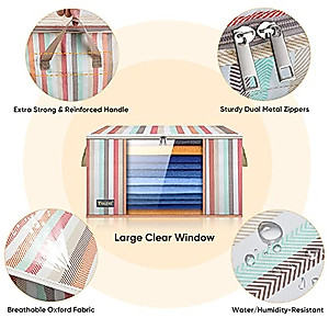 BALEINE 3PK SOFT Premium Oxford Closet Storage Bags for Comforters, Bedding and Clothes, Heavy-Duty Foldbale Clothing Storage Bag with Clear Window, Reinforced Handles & Sturdy Zippers (Large, Color Stripe)
