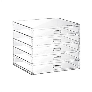 Ikee Design Premium Acrylic 5 Drawer Makeup Organizer Cosmetic Storage Jewelry Display Case for Home Storage and Store Display, 8.5" W x 7.25" D x 7.25" H