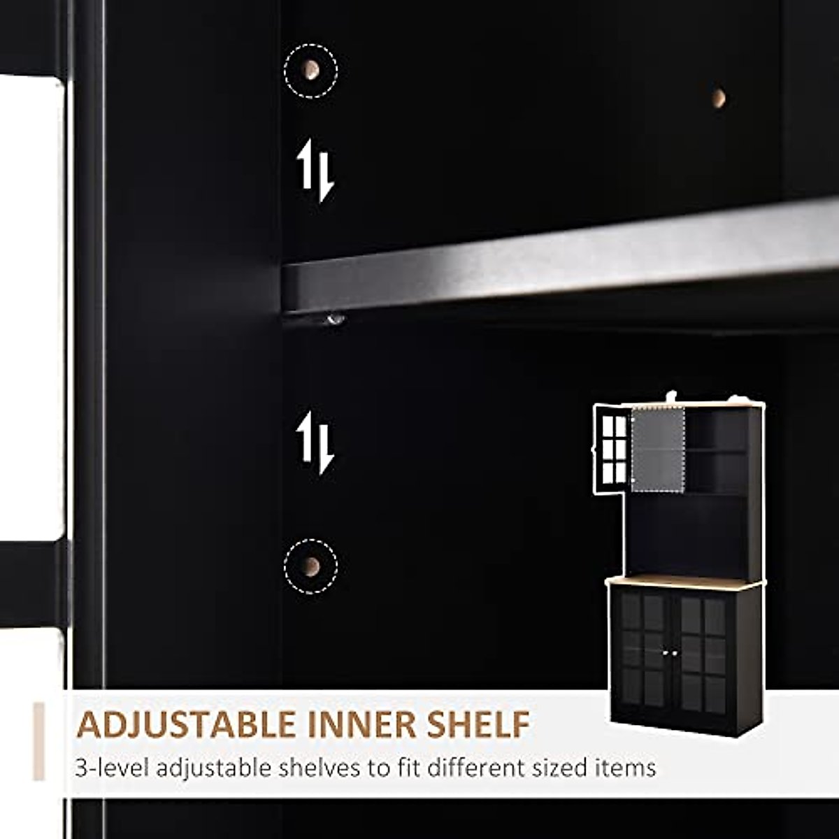 HOMCOM Kitchen Buffet with Hutch, Storage Pantry with 3 Cabinets, 2 Open Shelves and Large Countertop, Black