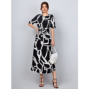 WDIRARA Women's Printed Short Sleeve Round Neck Belted Long Dress Elegant Dresses Black L