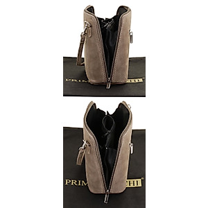 PRIMO SACCHI Ladies Italian Suede Leather Small Micro Dark Beige Crossbody Shoulder Bag Handbag Purse