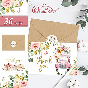 Whaline 36 Pack Fall Gold Foil Thank You Cards Pink Floral Pumpkin Greeting Cards Autumn Blank Note Cards with Stickers Envelopes for Thanksgiving Wedding Bridal Shower
