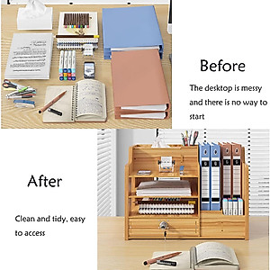 4 Tiers Office Wood Desktop Organizer, A4 Paper File Rack with Vertical Horizontal File Holder, Supplies Storage Box Mail Sorter on Desk Tabletop Binder Folder Letter Trays