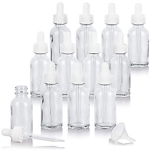 JUVITUS 1 oz / 30 ml Clear Glass Boston Round Bottle with White Dropper + Funnel (12 Pack)