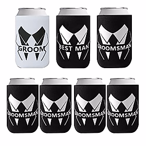 PartyGifts&Beyond 7Pack Groomsmen Can Cooler, Groom and Best Man Can Koozies for Bachelor Party or Wedding Gift Can Coozie(BOLD)