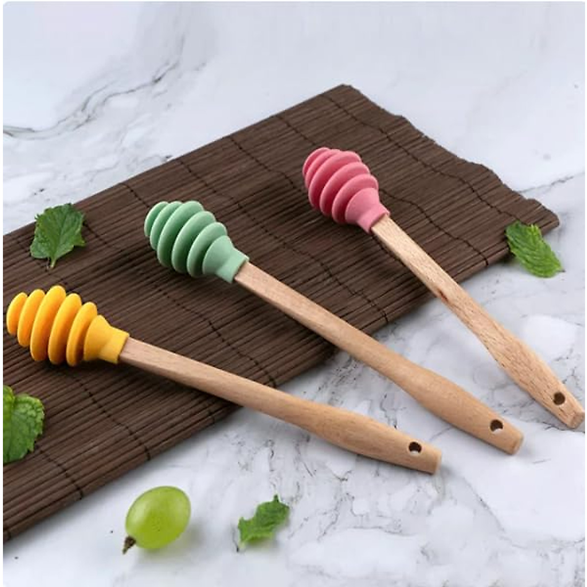 1PC Yellow Honey Dipper Sticks,Wood Honey Dipper Sticks Silicone Honey Sauce Stirrer Spoon Wooden Honey Mixing Stirrer for Kitchen Tool,Easy to Clean and Store,Kitchen and Dining