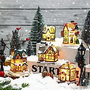 Queekay Christmas Winter Village Houses Set Christmas Miniature Resin Ornament Kits Cedar Bare Branch Tree Street Lamp Room Decor(Retro Style)