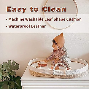Baby Changing Basket, Portable Cotton Moses Basket for Babies, Nursery Set with Waterproof Leather Pad,Thick Diaper Changing Pad, Leaf Shape Cushion,Storage Bag, Cotton Rope, Changing Table Topper