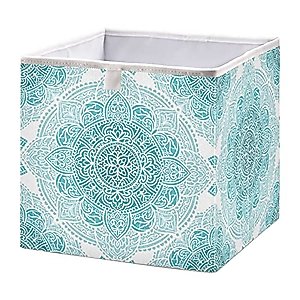 Kigai Aqua Turquoise Mandala Cube Storage Bins - 11x11x11 In Large Foldable Storage Basket Fabric Storage Baskes Organizer for Toys, Books, Shelves, Closet, Home Decor