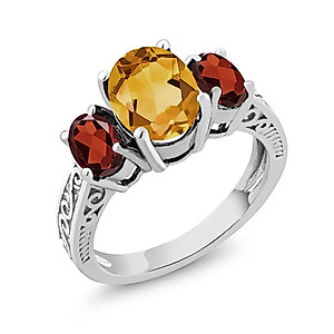 Gem Stone King 925 Sterling Silver Oval Yellow Citrine and Red Garnet 3-Stone Ring For Women | 2.25 Cttw | Gemstone Birthstone | Available In Size 5, 6, 7, 8, 9