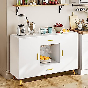 YITAHOME Sideboard Buffet, Buffet Cabinet Storage Credenza w/Adjustable Shelf, Wine Glass Holder, Drawers, Modern White & Gold Dresser 300 lbs Capacity for Living Room, Kitchen, Dining Room, White