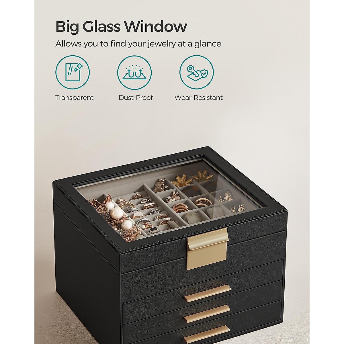 SONGMICS Jewelry Box with Glass Lid, 4-Layer Jewelry Organizer, 3 Drawers, for Big and Small Jewelry, Jewelry Storage, Modern Style, 8 x 9.1 x 6.5 Inches, Graphite Black and Gold Color UJBC173B01