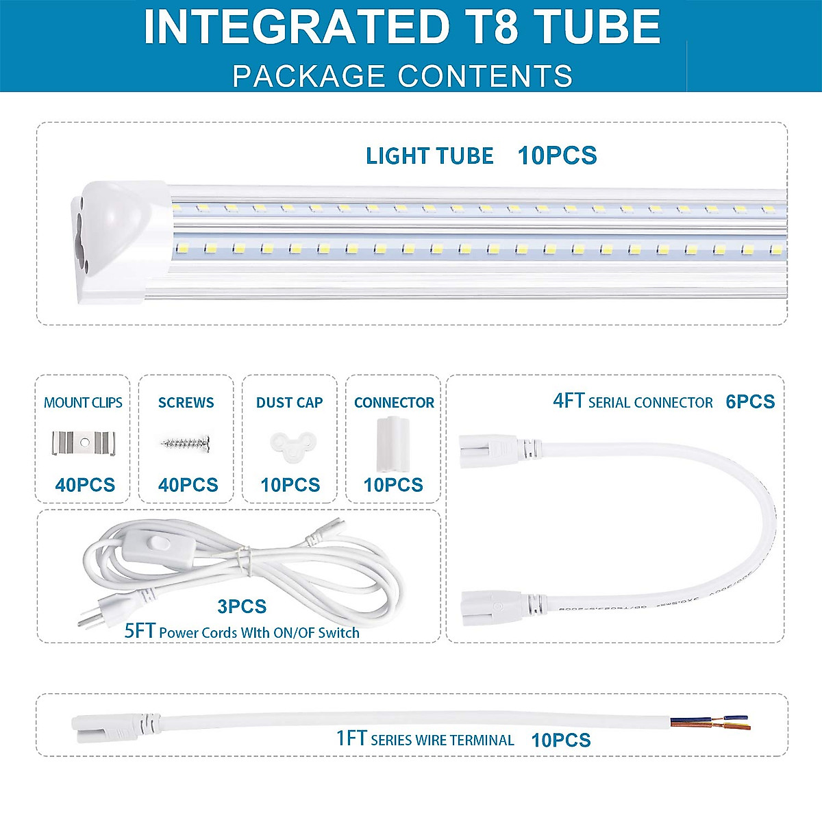 LIGHEART 8FT Linkable LED Shop Light, 100W 12000LM, T8 Integrated LED Tube Light Fixture, V Shaped, High Output,6000K, Brighter White, LED Bulb Light for Garage, Warehouse, Plug and Play (10-Pack)