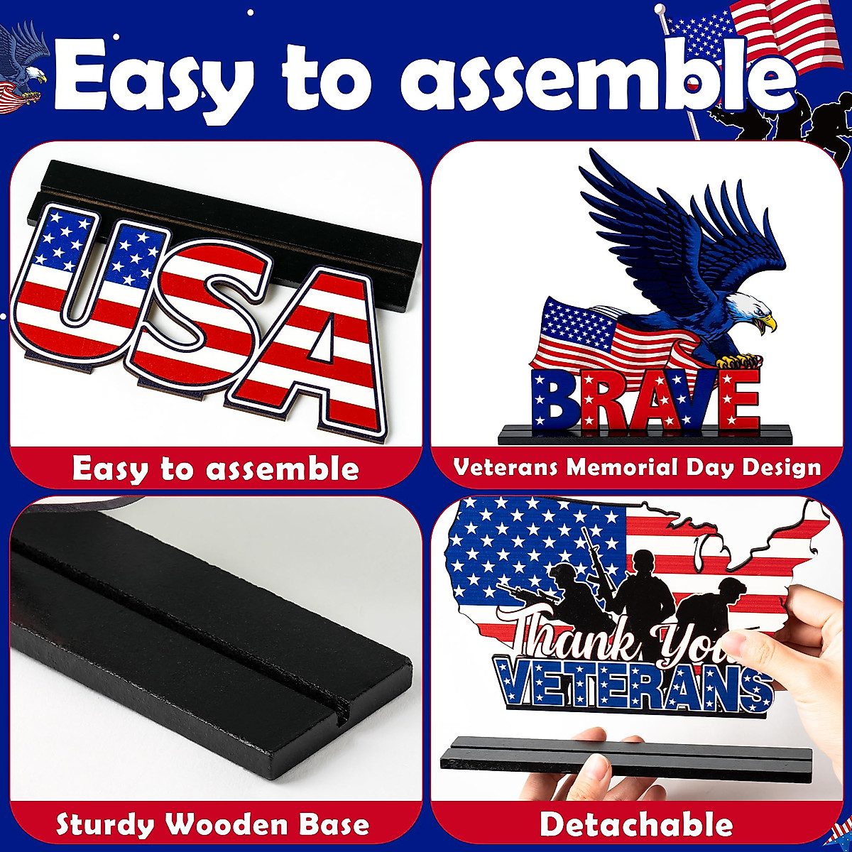 Haooryx Veterans Memorial Day Wooden Centerpieces - 5Pcs America Veterans Day Brave Soldier Wood Table Topper Decorations 11th November Table Sign Tabletop Wood Sign for Memorial Celebrate Party Decor