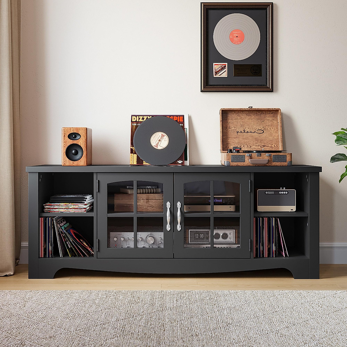 LINSY HOME Farmhouse TV Stand for 65 Inch TV, Wood Entertainment Center with Glass Door Storage Cabinet & Adjustable Shelves, Sturdy TV Console Table for Living Room Bedroom, Black