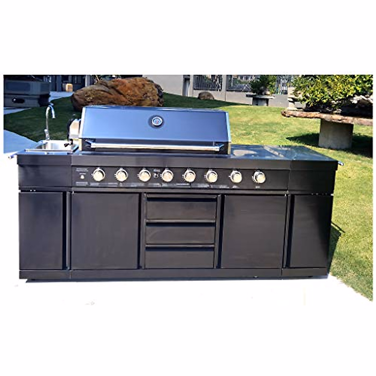 Black Stainless Steel 8 Burner 3 in 1 Island BBQ Outdoor Electric Grill Kitchen, Propane or Natural Gas, with Sink, Side Burner, LED Lights on Knobs, and Free Protective Grill Cover
