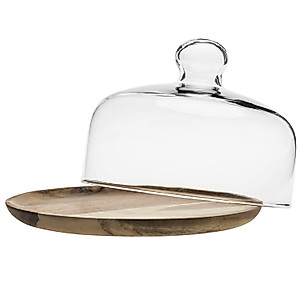 MyGift 7.5 Inch Small Clear Glass Dessert/Cheese Cloche Dome with Acacia Wood Serving Tray