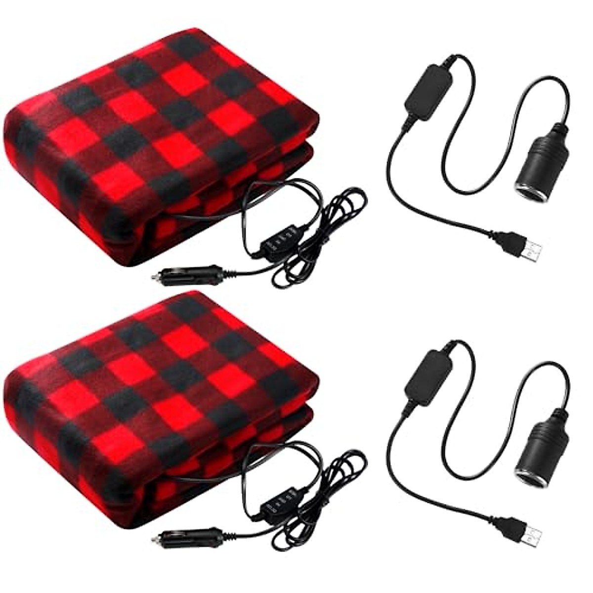 Baquler 2 Pcs Heated Car Blanket 48'' x 35.5'' 12V Portable Electric Blanket with 2 Pcs 12V to USB Adapter Electric Blanket for Car Hi/m/lo Temp for Camping Road Trip Winter Car Truck Accessory