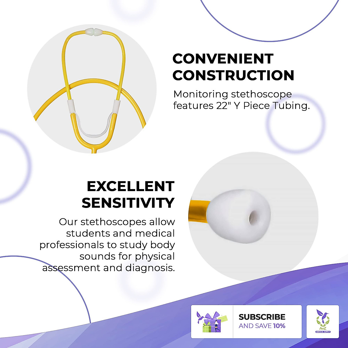 Dukal Pack of 10 Disposable Single Head Stethoscopes with 22” Y Piece Tubing. Single patient use. Stethoscope for Blood Pressure Readings, Home, Educational Purposes.