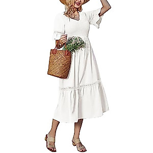 GRACE KARIN Women's V Neck Short Bell Sleeve Smocked Tiered Dress Elastic Waist Lace Patchwork Ruffle Dress White XL