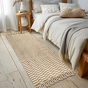 Boho Runners for Hallways, 2' x 6' Washable Hall Carpet Runner Rug Hand-Woven Washable Kitchen Rug Natural Cotton Striped Floor Mat for Entryway Indoor Bedroom Farmhouse Laundry Room