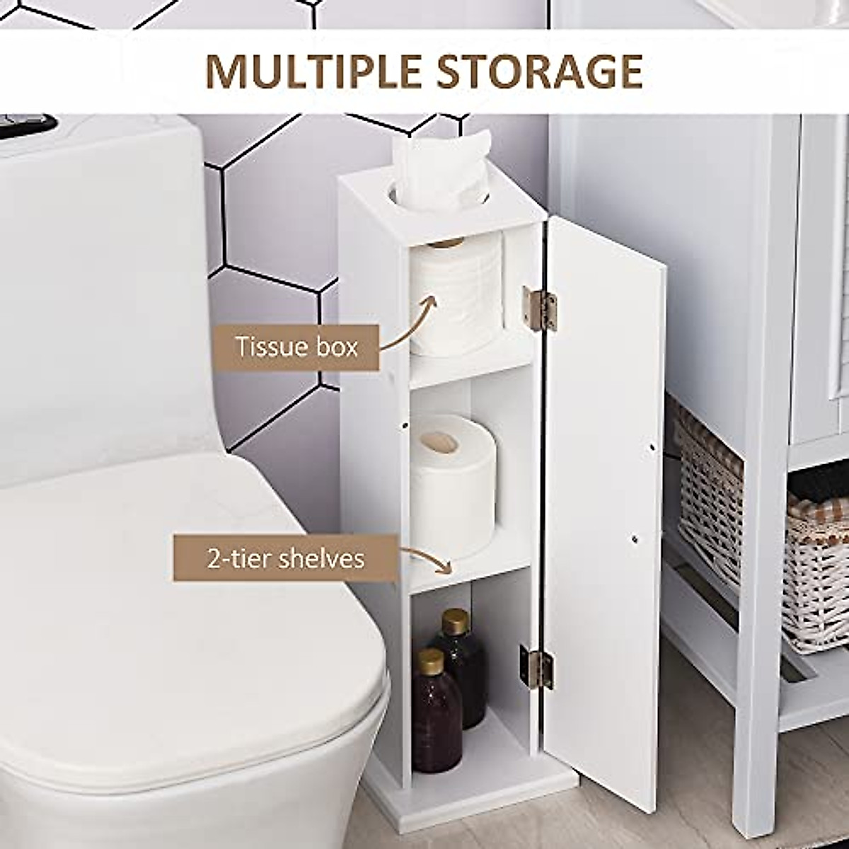 HOMCOM Toilet Paper Cabinet, Small Bathroom Corner Floor Cabinet with Doors and Shelves, Thin Storage Bathroom Organizer for Paper Shampoo, White