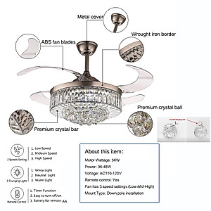 US DELIVER Modern Dimmable Fandelier Crystal Ceiling Fan with Lights and Remote Invisible Retractable Chandelier Fan Light LED Lighting-Polished Chrome 42" (Crystal)
