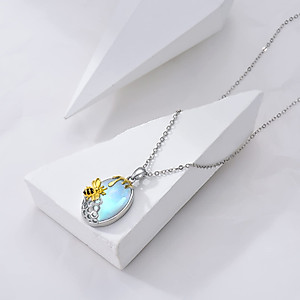 YAFEINI Bee Jewelry Necklace Sterling Silver Honeycomb Honey Bee Moonstone Pendant Necklace Jewelry Christmas Gifts for Women Teen Girls (Moonstone oval bee necklace)