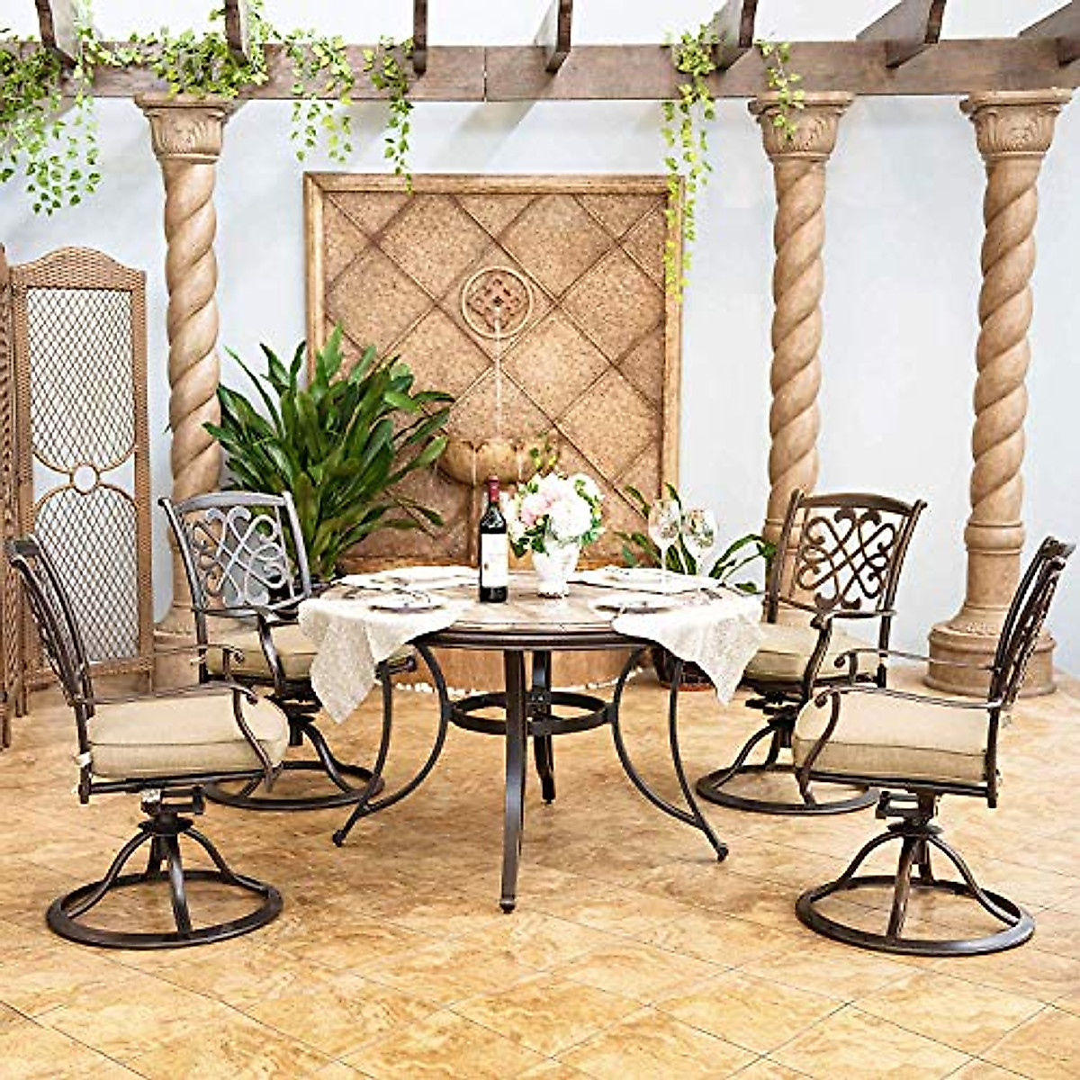 dali 5 Piece Patio Dining Set Outdoor Furniture, Deep Cushioned Aluminum Swivel Rocker Chair Set with 46 inch Round Mosaic Tile Top Aluminum Table