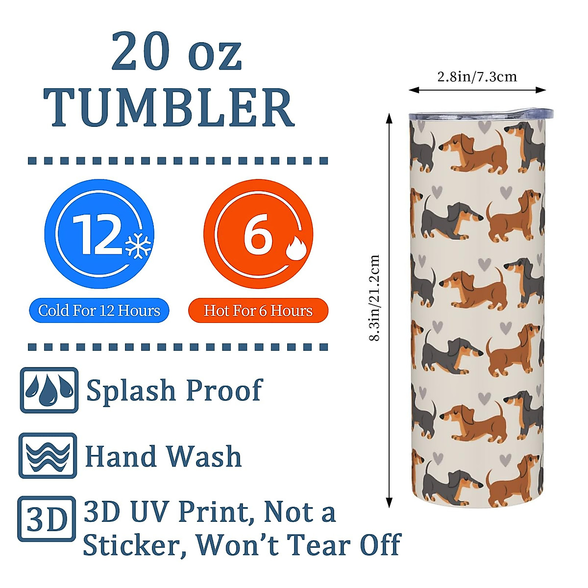 Srucddu Cute Dachshund Dog 20oz Insulated Tumbler With Lid And Straw, 3d Print Vacuum Travel Coffee Mug Stainless Steel Coffee Tumbler Cup Daschund Gifts for Women, Girl, Dog Lover, Dog Mom