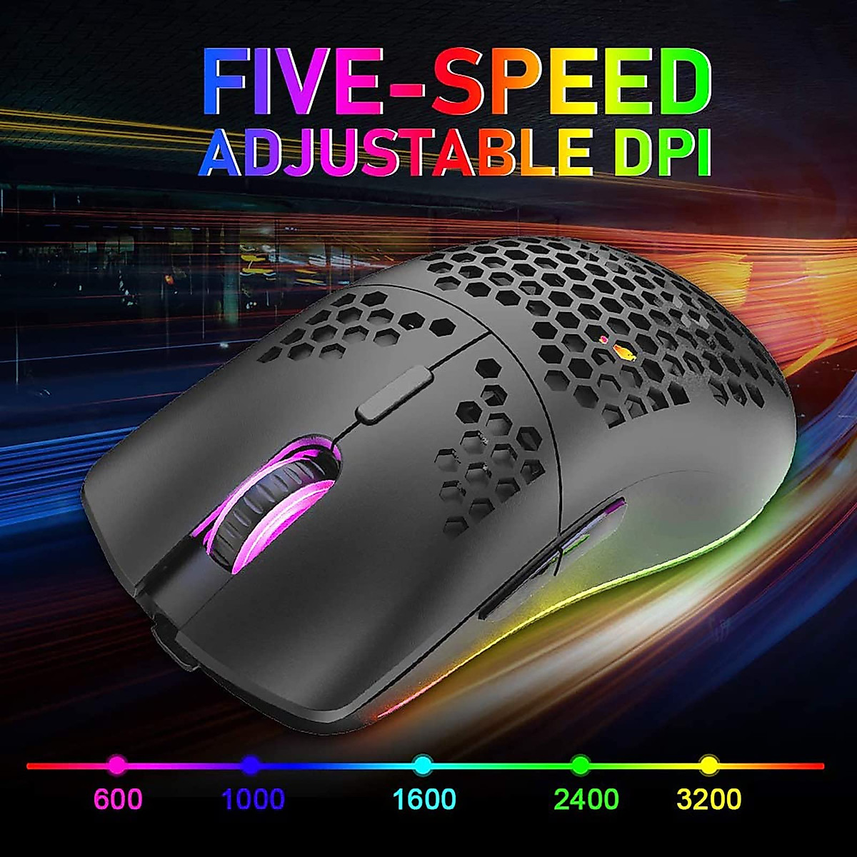 RGB Wireless Gaming Mouse,Ultra-Lightweight Honeycomb Shell Mice with 2.4G Wireless Rechargeable,RGB Spectrum Backlit,7 Buttons,3200DPI,Ergonomic Long Battery Life for PC,Xbox,PS4 Gamers(Black)