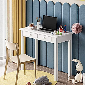 ADORNEVE Small White Writing Desk with Hutch and USB Ports, 31.5 inch Home Office Desk with Drawers, Study Table for Kids/Student, Makeup Dressing Table Save Space Gifts