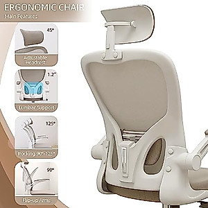 Lybaint Office Chair, High Back Ergonomic Desk Chair, Breathable Mesh Computer Chair with Flip-Up Armrests, Lumbar Support, Adjustable Headrest, 90°-125° Tilt Function, Recliner Chair for Home Office